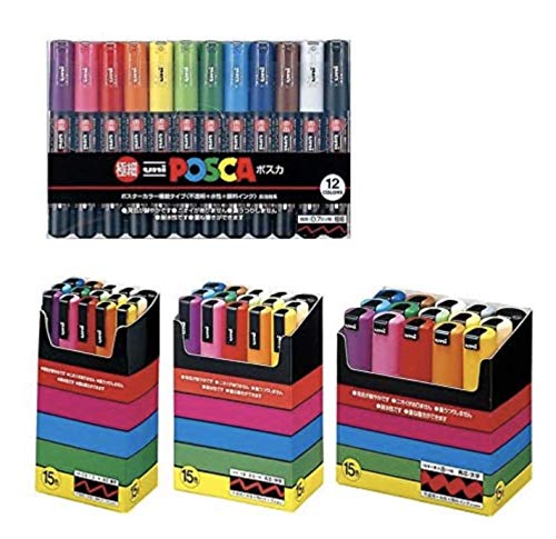 Uni-posca Paint Marker Pen BUNDLE SET , Mitsubishi Pencil Uni Posca Poster Colour Marking Pens Extra Fine Point 12 Colours , Fine 15 , Medium 15 , Bold 15 - Japan Import