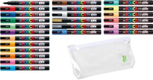 uni posca paint marker pen – fine point – non alcohol – odorless water resistant maker – set of 24 (pc-3m15c & pc-3m7c & gold & silver) with original vinyl case