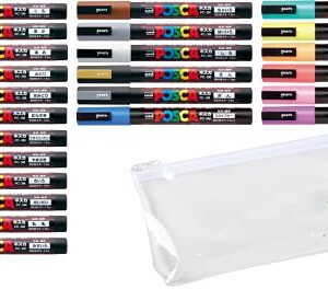 Uni POSCA Paint Marker Pen - Fine Point - Non Alcohol - Odorless Water Resistant Maker - Set of 24 (PC-3M15C & PC-3M7C & Gold & Silver) with Original Vinyl case