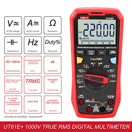 UNI-T UT61E+ 1000V 20A Digital Multimeter 22000 Counts Display NCV hFE Auto Range True RMS AC/DC Voltage Current Resistance Capacitance Tester