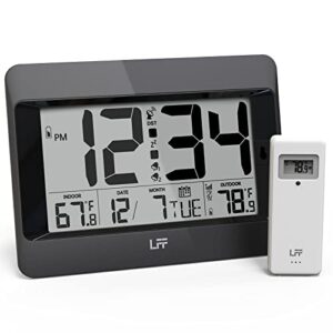 lff atomic clock,digital wall clock battery operated,desk alarm clock with indoor & outdoor temperature, date,large display,wireless outdoor sensor, clock for bedroom,living room,office,auto dst