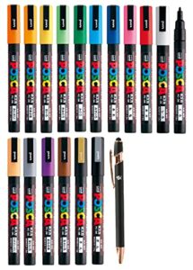 uni paint marker poster color 17 marking pen fine point pc-3m 15 standard & gold,silver set with kanji love sticker