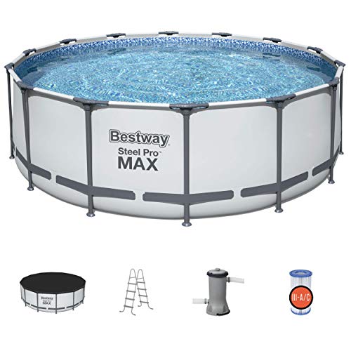 Bestway Steel Pro MAX 14 Foot x 48 Inch Round Metal Frame Above Ground Outdoor Swimming Pool Set with 1,000 Filter Pump, Ladder, and Cover……