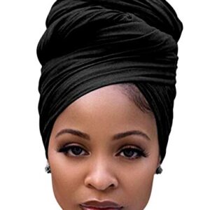 Harewom Black Hair Wrap for Women Long Stretch Jersey Head Scarf Summer Breathable Lightweight Turban Solid Color