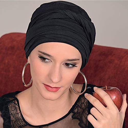 Harewom Black Hair Wrap for Women Long Stretch Jersey Head Scarf Summer Breathable Lightweight Turban Solid Color