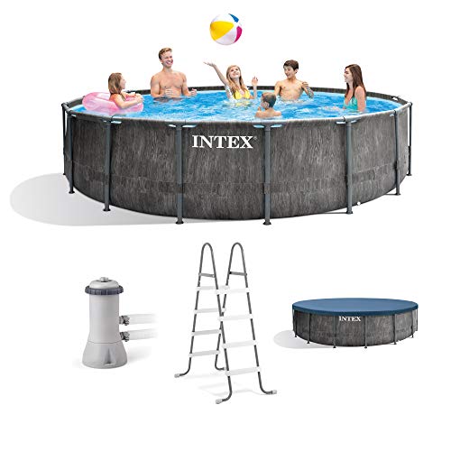 Intex Greywood Prism Frame 15' x 48" Round Above Ground Outdoor Swimming Pool Set with 1000 GPH Filter Pump, Ladder, Ground Cloth, and Pool Cover