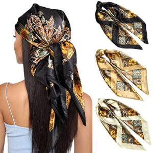 awaytr 35” large square satin head scarf – 3pcs satin hair scarves silk bandana scarf beach headscarf silk feeling scarf for women hair wrap neck scarf cashew(camel/black/beige)