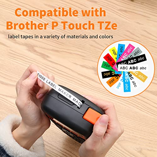 MarkDomain Label Maker Printer with 1pc JM-231 Label Tape, E1000 Label Machine and 6-Pack Compatible Label Tape Replacement for Brother TZe221 TZe-221 3/8"(9mm) x 26.2'(8m), Orange