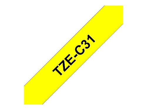 Brother TZe-C31 Labelling Tape Cassette, Black on Fluorescent Yellow, 12 mm (W) x 5 m (L), Laminated, Brother Genuine Supplies