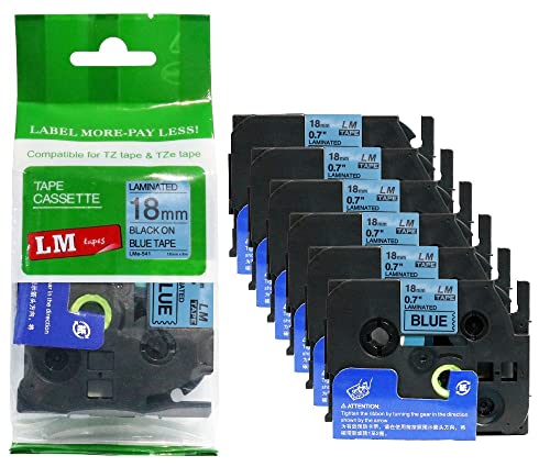 6/Pack LM Tapes - LMe541 Premium 3/4" Black Print on Blue Label Compatible with Brother TZe541 P-Touch Tape Includes Tape Color/Size Guide. Replaces TZ-541 18mm 0.7 Laminated