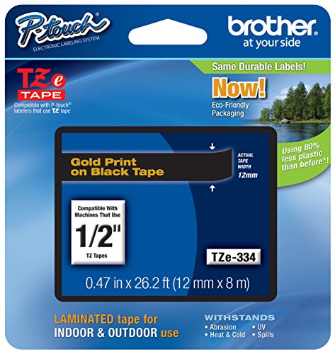 Brother Genuine TZe-334 1/2" Gold on Black Standard Laminated Tape for P-Touch Labeler, 4 Pack