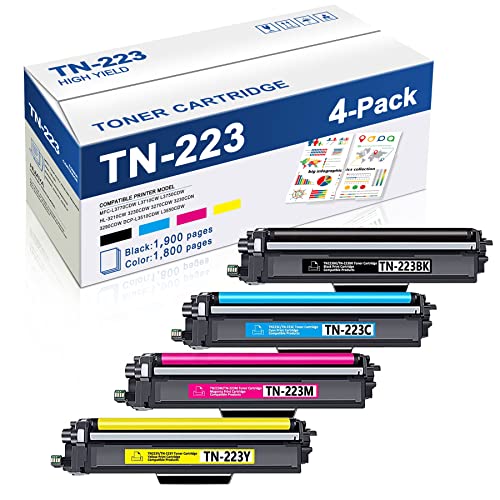 Hight-Yield TN223 Toner Cartridg - Black, Cyan, Magenta & Yellow Toner, HUAY Compatible TN223 Toner Cartridge Replacement for Brother HL-L3290CDW MFC-L3750CDW Printer Hight Yield，Model：TN223 4pk