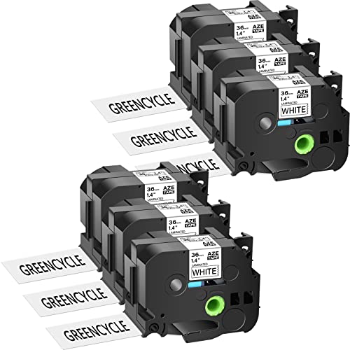 GREENCYCLE 6PK Compatible for TZe-261 TZe261 TZ-261 TZ261 Black on White Label Tapes use with Ptouch PT-9800PCN PT-E800W PT-P900 PT-P900W PT-P950NW PT-9600 Label Makers 1.4 Inch 36mm X 26.2 Feet 8m