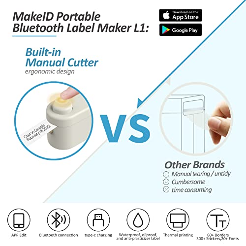 Makeid Label Maker Machine with Tape - Portable & Rechargeable Label Makers with Built-in Cutter.63" Waterproof Tape - Wireless Label Printer Compatible with Android & iOS Devices - White