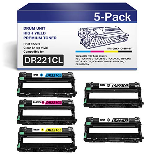 (2Black+1Cyan+1Yellow+1Magenta) DR221CL Drum Unit Compatible for Brother DR-221CL Drum Cartridge HL-3140CW 3150CDN MFC-9130CW 9140CDN DCP-9015CDW 9020CDN Printer (5,Pack).