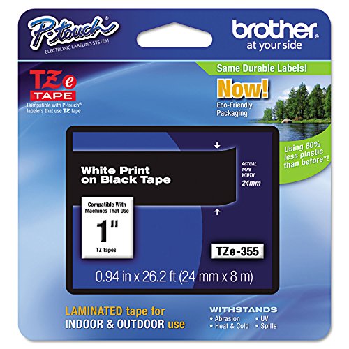 Brother Tze355 Tze Standard Adhesive Laminated Labeling Tape, 1-Inch W, White On Black