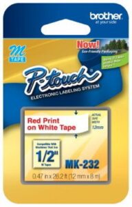 1/2″ (12mm) red on white p-touch m tape for brother pt-55, pt55 label maker