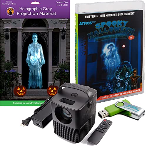 Reaper Brothers Spooky Halloween Hollusion Digital Decoration Kit Includes 8 AtmosFX Video Effects for Halloween Plus HD Super Bright Projector and 5.5' x 9' Holographic Projection Screen