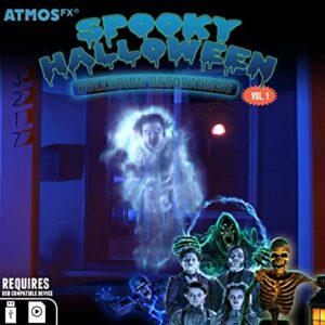 Reaper Brothers Spooky Halloween Hollusion Digital Decoration Kit Includes 8 AtmosFX Video Effects for Halloween Plus HD Super Bright Projector and 5.5' x 9' Holographic Projection Screen