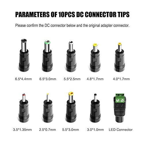 KFD Universal Power Supply Adapter 24V 2.7A (2.5A,2A,1.5A,1A) 65W 5.5X2.1mm, 10 Tips 6.5x3.0mm/6.5x4.4mm/5.5x3.0mm/5.5x2.5mm/4.8x1.7mm/4.0x1.7mm/3.5x1.35mm/3.0x1.0mm/2.5x0.7mm/LED Terminal Connector