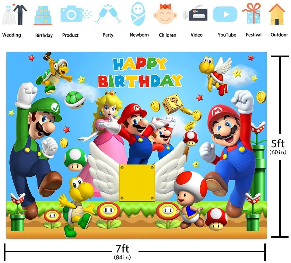 Sakurar SK Mario Birthday Bakdrop Adventure Game Video Mario and Princess Peach Backdrop Vinyl Birthday Party Baby Shower Decoration Mario Party Background 7x5ft