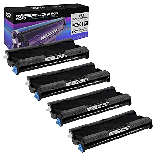 SPEEDYINKS Compatible Thermal Brother PC 501 Fax Cartridge PC501 PC-501 with Rolls Replacement to use in Brother FAX 575 FAX 878 Ribbon Printer (4-Pack, Black)