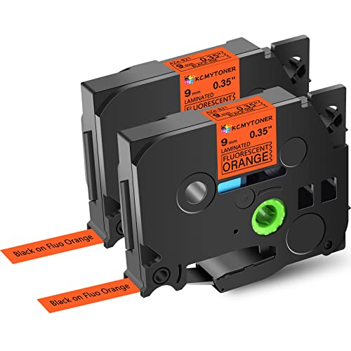 KCMYTONER Label Tape Refills Compatible for Brother P-Touch TZe-B21 TZ B21 Laminated Black on Orange Fluorescent 3/8" 9mm for PTD200, D210 D400 D600 PTH100 H110 PTP300BT PTP700 PTP710BT, 2 Pack