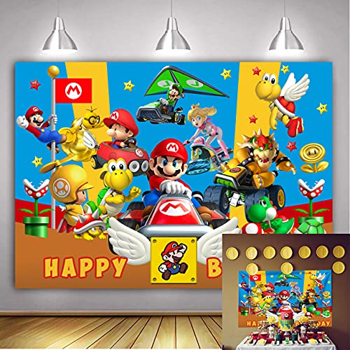 GUOBING Betta Mario Backdrop Kids Happy Birthday Baby Shower for Super Mario Bros Kart Party Backdrop Game Party Photo Video Decoration Background 7x5ft