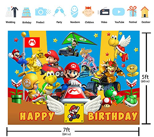 GUOBING Betta Mario Backdrop Kids Happy Birthday Baby Shower for Super Mario Bros Kart Party Backdrop Game Party Photo Video Decoration Background 7x5ft