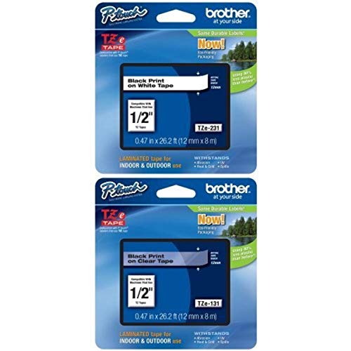 Brother P-touch ~1/2" (0.47") Black on White Standard Laminated Tape - 26.2 ft. (8m) and Brother P-touch ~1/2" (0.47") Black on Clear Standard Laminated Tape - 26.2 ft. (8m) Bundle