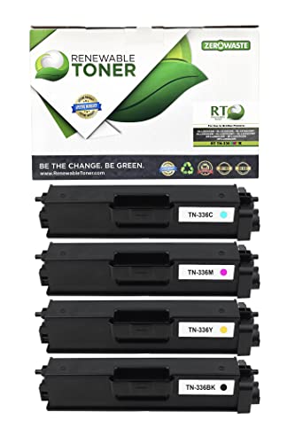 Renewable Toner Compatible Color Toner Cartridge Replacement for Brother TN336BK TN336C TN336Y TN336M TN336 Printers HL-L8250 L8350 MFC-L8600 L8850 (Pack of 4 Cyan Magenta Yellow Black)