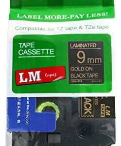 LM Tapes - Brother PT-1180 3/8" (9mm 0.35 Laminated) Gold on Black Compatible TZe P-touch Tape for Brother Model PT1180 Label Maker with FREE Tape Guide Included