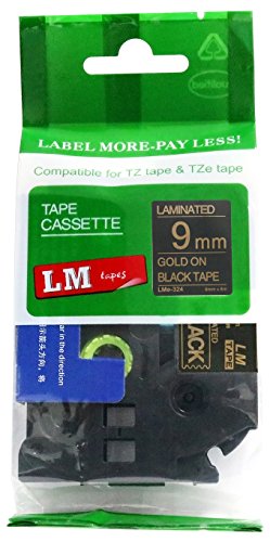 LM Tapes - Brother PT-1180 3/8" (9mm 0.35 Laminated) Gold on Black Compatible TZe P-touch Tape for Brother Model PT1180 Label Maker with FREE Tape Guide Included