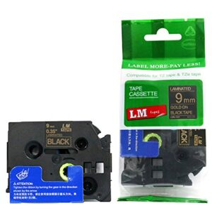 LM Tapes - Brother PT-1180 3/8" (9mm 0.35 Laminated) Gold on Black Compatible TZe P-touch Tape for Brother Model PT1180 Label Maker with FREE Tape Guide Included