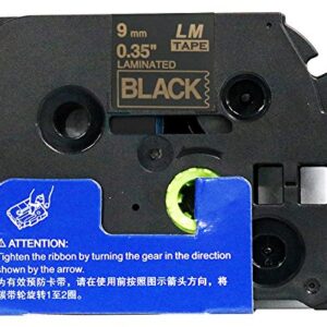 LM Tapes - Brother PT-1180 3/8" (9mm 0.35 Laminated) Gold on Black Compatible TZe P-touch Tape for Brother Model PT1180 Label Maker with FREE Tape Guide Included