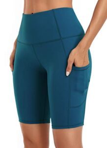 oalka women’s short yoga side pockets high waist workout running shorts teal l