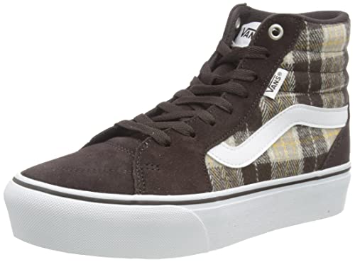 Vans Women's Hi-Top Platform Sneaker, Suede Plaid Mix Brown/White, 8