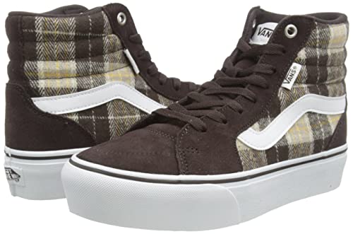 Vans Women's Hi-Top Platform Sneaker, Suede Plaid Mix Brown/White, 8