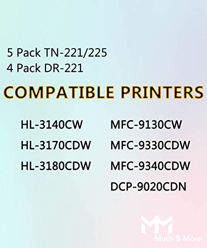 MM MUCH & MORE Compatible TN221 TN-225 TN-221 TN225 Toner Cartridge & DR221CL DR221 Drum Unit Replacement for Brother HL-3140CW HL-3170CDW MFC-9130CW MFC-9340CDW (9-Pack, 5 x Toner + 4 x Drum)