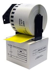 houselabels compatible with dk-2205 replacement roll for brother ql label printers; yellow continuous length labels; 2-4/9″ x 100 feet (62mm*30.48m) with 1 reusable cartridge – 5 rolls