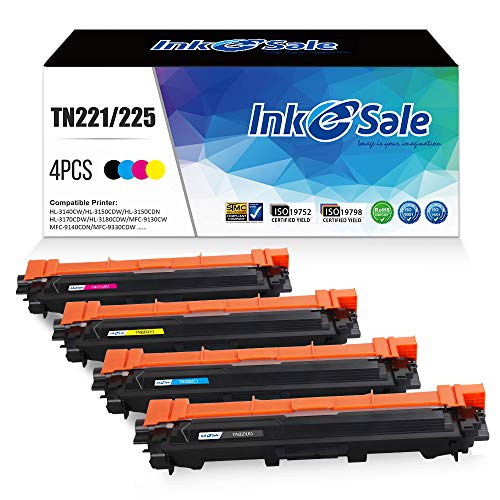 INK E-SALE Compatible Toner Cartridge Replacement for Brother TN221 TN225 TN-221 TN-225 (KCMY, 4-Pack), for use with Brother HL3170CDW HL-3170CDW, HL3140CW HL3180CDW, MFC9130CW MFC9330CDW MFC9340CDW