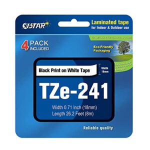 istar compatible label tape replacement for brother p-touch tze-241 tze241 tz-241 to use with label maker ptd400 pt-d450 ptd600 ptd400ad, 0.71 inch (18mm) x 26.2 feet (8m), black on white, 4-pack