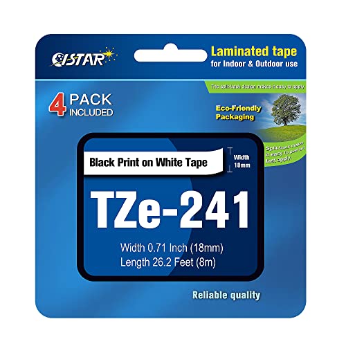 ISTAR Compatible Label Tape Replacement for Brother P-Touch TZe-241 TZe241 TZ-241 to use with Label Maker PTD400 PT-D450 PTD600 PTD400AD, 0.71 Inch (18mm) x 26.2 Feet (8m), Black on White, 4-Pack