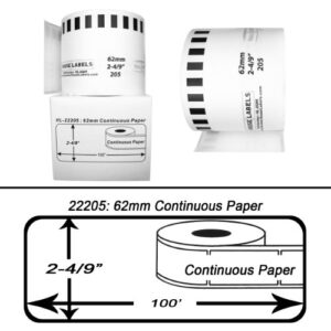 Generic Continuous Paper Labels Compatible w/Brother DK2205 (2-4/9" x 100'; 62mm30.48m) BPA Free (6 Rolls)