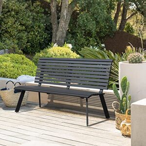 soleil jardin outdoor aluminum garden bench, patio porch chair furniture, slatted design w/backrest, dark grey