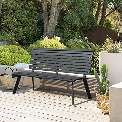 Soleil Jardin Outdoor Aluminum Garden Bench, Patio Porch Chair Furniture, Slatted Design w/Backrest, Dark Grey