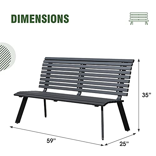 Soleil Jardin Outdoor Aluminum Garden Bench, Patio Porch Chair Furniture, Slatted Design w/Backrest, Dark Grey