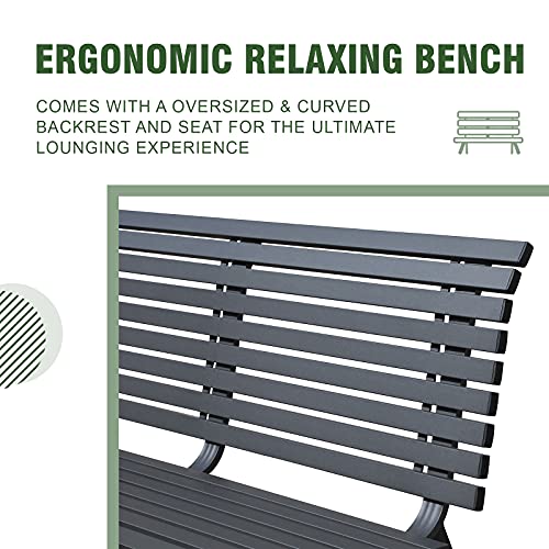 Soleil Jardin Outdoor Aluminum Garden Bench, Patio Porch Chair Furniture, Slatted Design w/Backrest, Dark Grey