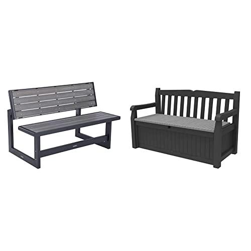 Lifetime 60253 Outdoor Convertible Bench, 55 Inch, Harbor Gray & Keter Solana 70 Gallon Storage Bench Deck Box, Front Porch Decor and Outdoor Seating, Grey