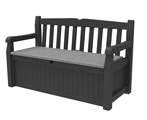 Lifetime 60253 Outdoor Convertible Bench, 55 Inch, Harbor Gray & Keter Solana 70 Gallon Storage Bench Deck Box, Front Porch Decor and Outdoor Seating, Grey